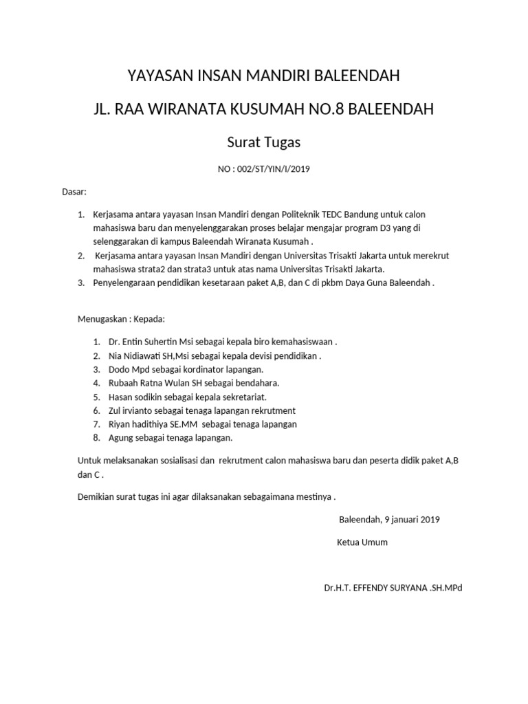 Surat Tugas Yayasan Insan Mandiri | PDF