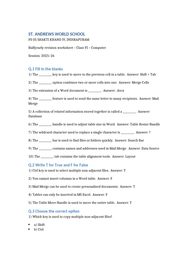 Class - VI - Computer - Halfyearly Revision Paper With Answers-1 | PDF | Computer File ...