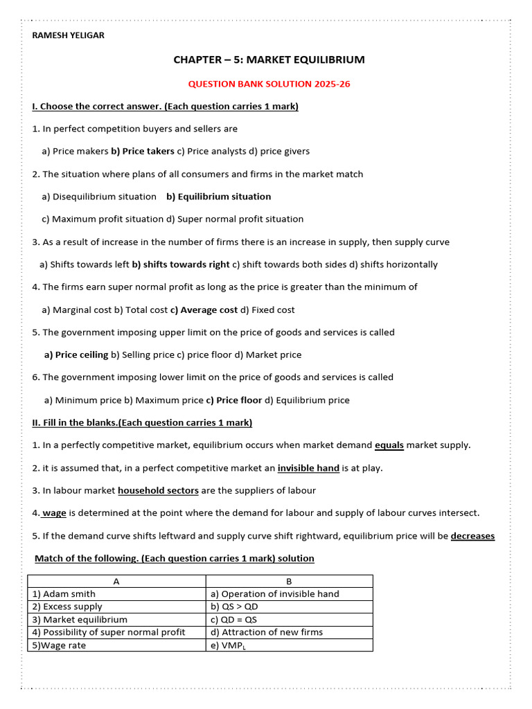 Market Equilibrium Q&A Solutions 2025-26 | PDF | Economic Equilibrium ...