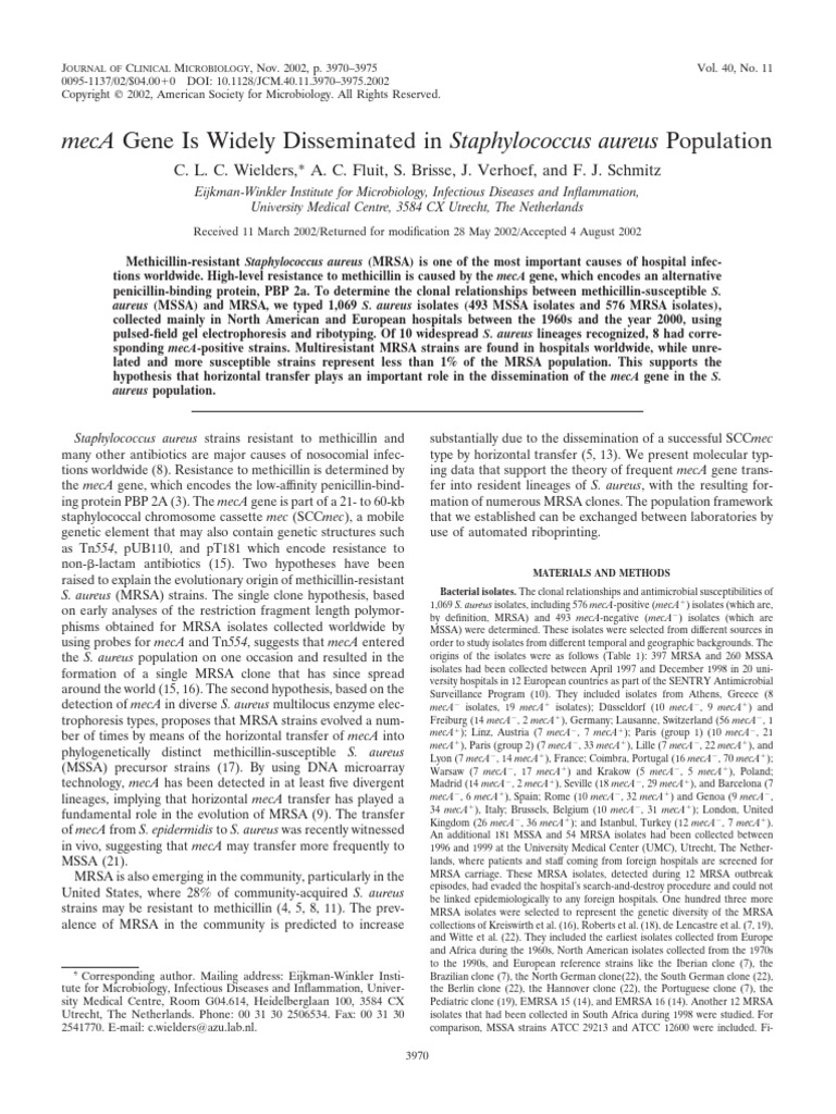 Wielders Et Al 2002 Meca Gene Is Widely Disseminated in Staphylococcus ...