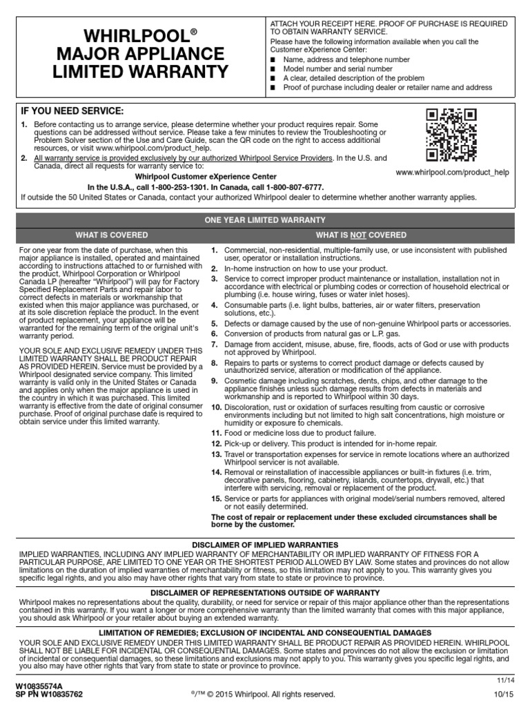 Whirlpool Major Appliance Limited Warranty: If You Need Service | PDF ...