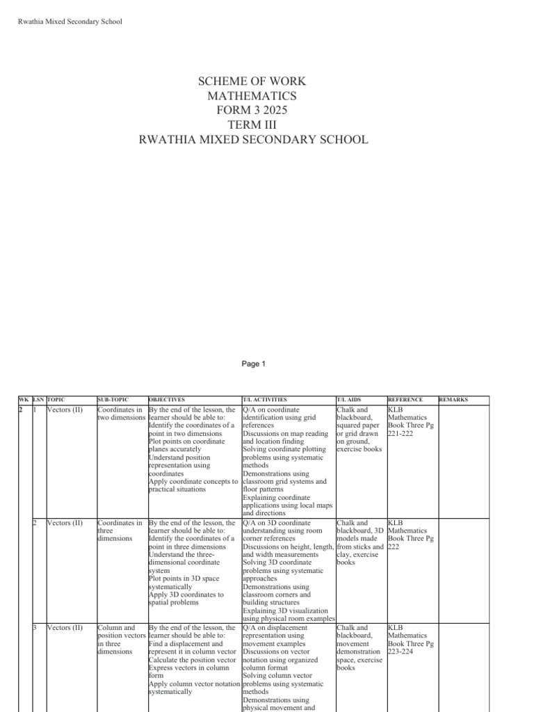 Mathematics - Form 3 - Term-III | PDF | Euclidean Vector | Geometry