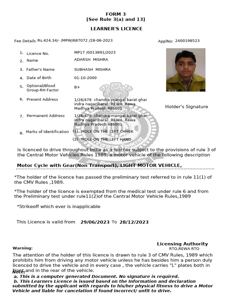 Learner's Licence Details and Rules | PDF | Driving | Land Transport