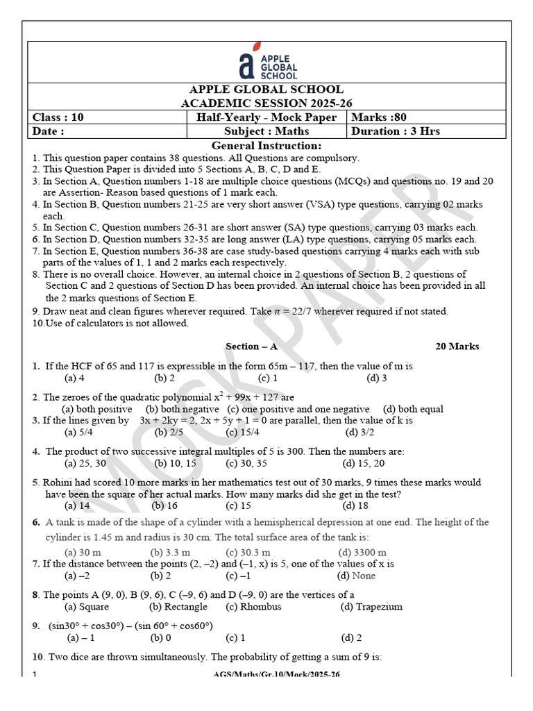 Grade 10 Maths HY Mock (N) | PDF | Area | Sphere