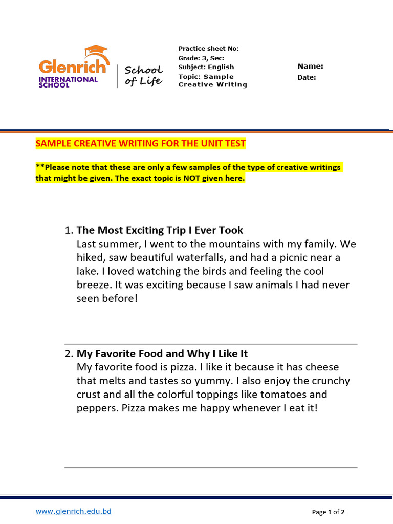 Sample Creative Writing For The Unit Test | PDF