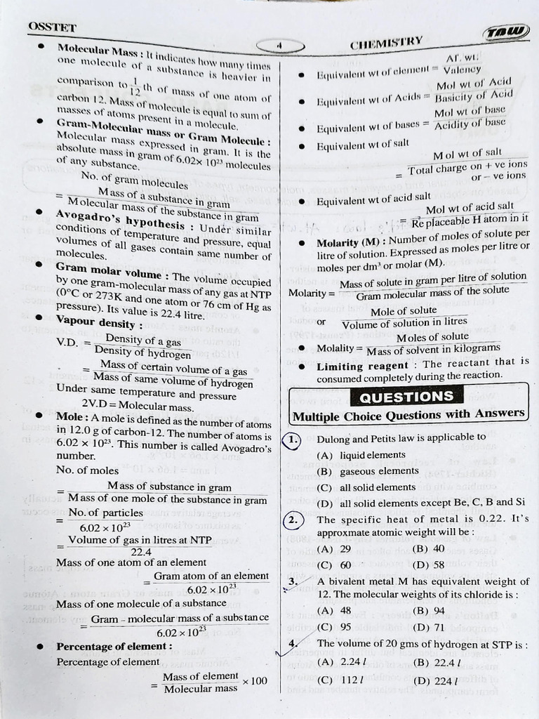 Chemistry Unit-1 Practice Questions | PDF | Mole (Unit) | Molecules