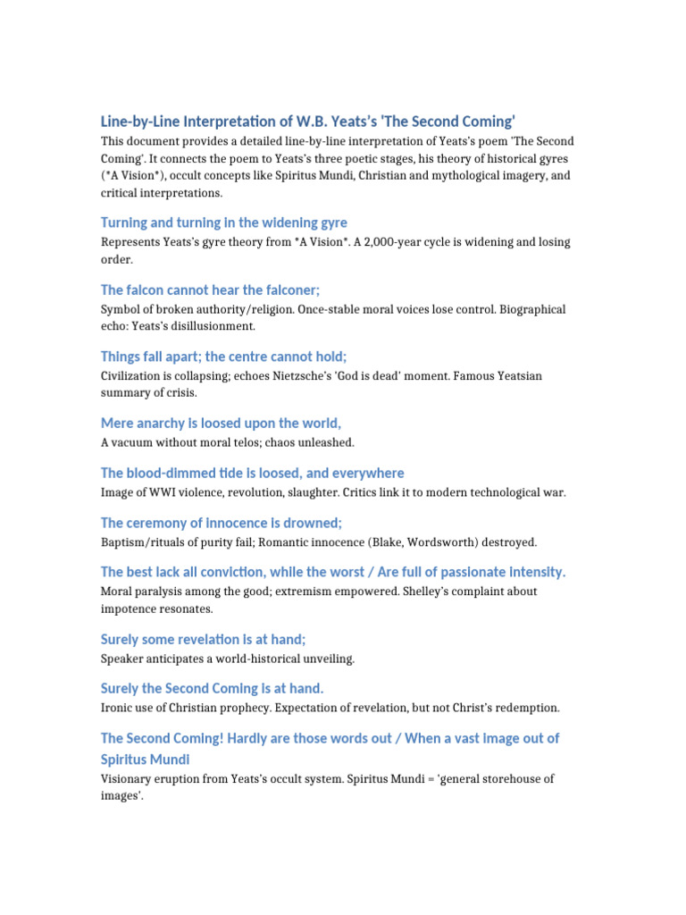 Yeats Second Coming Interpretation | PDF | W. B. Yeats | Religious ...