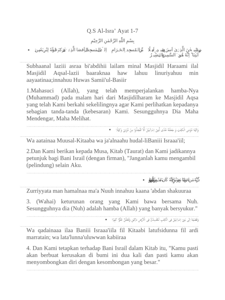 Tafsir Q.S Al-Isra' 1-7: Pelajaran dan Peringatan | PDF