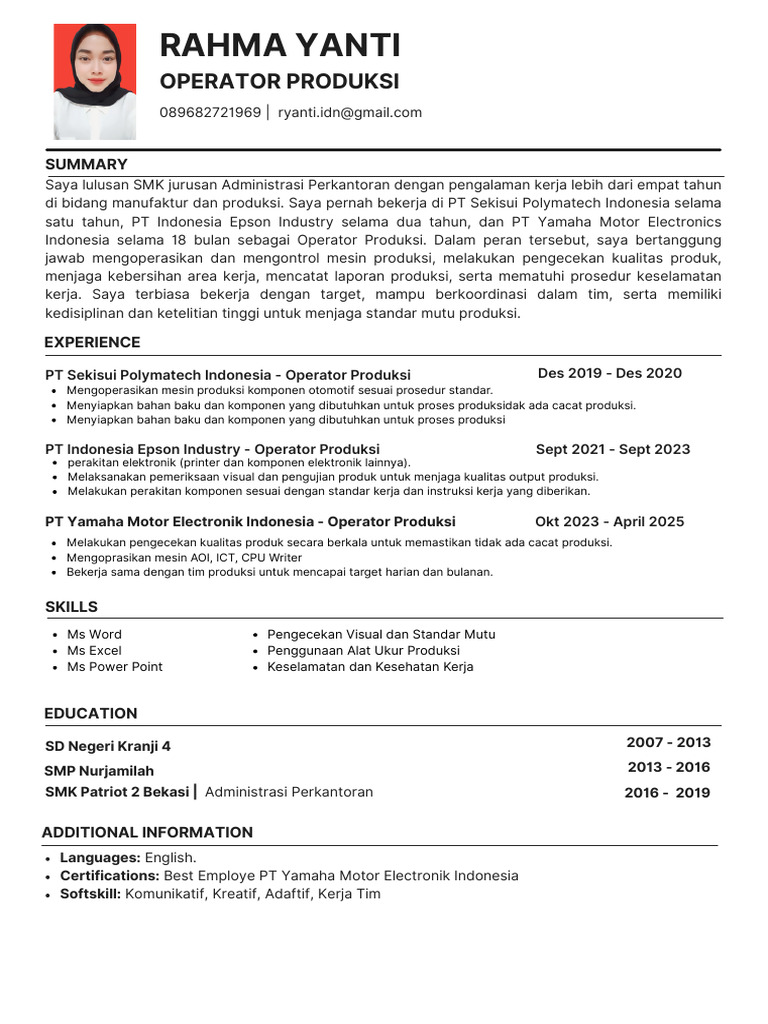 CV - Rahma Yanti - Production Operator | PDF