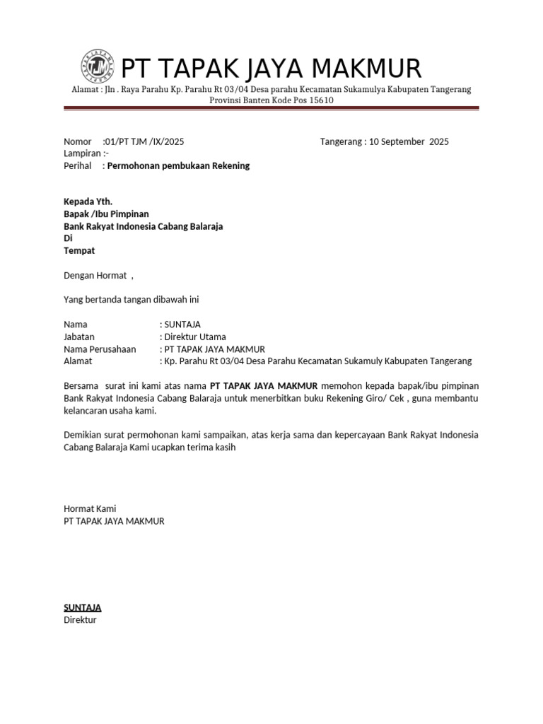 Surat Permohonan Rekening Giro BRI | PDF
