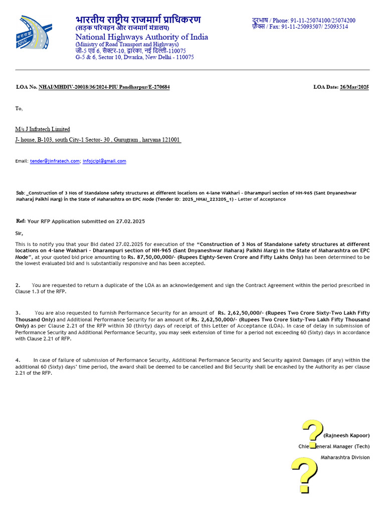 J Infratech Limited Project Acceptance | PDF