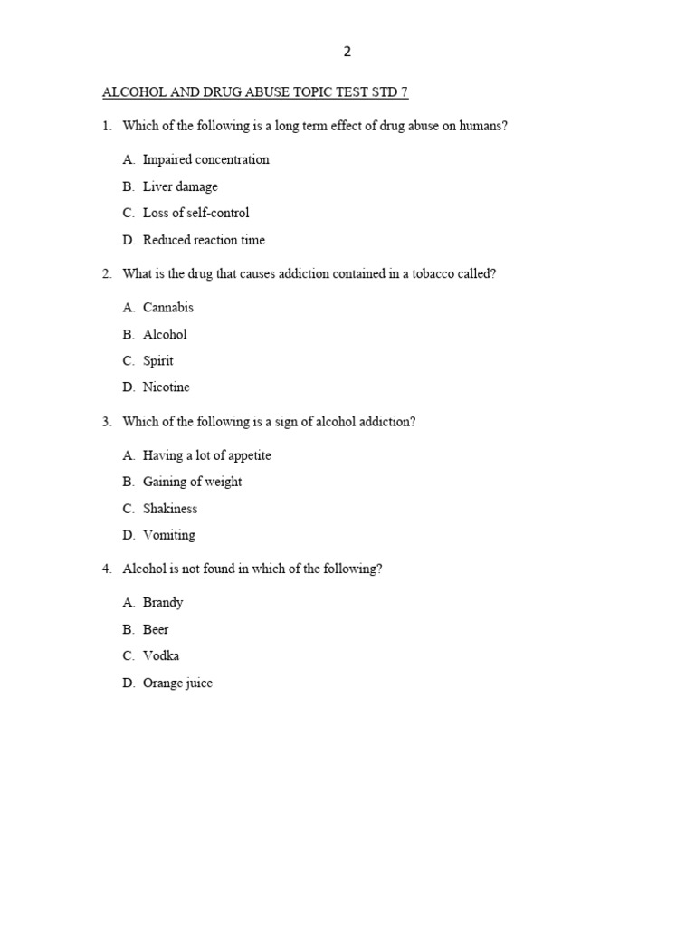 Substance Abuse Quiz for Students | PDF | Alcoholism | Substance Abuse