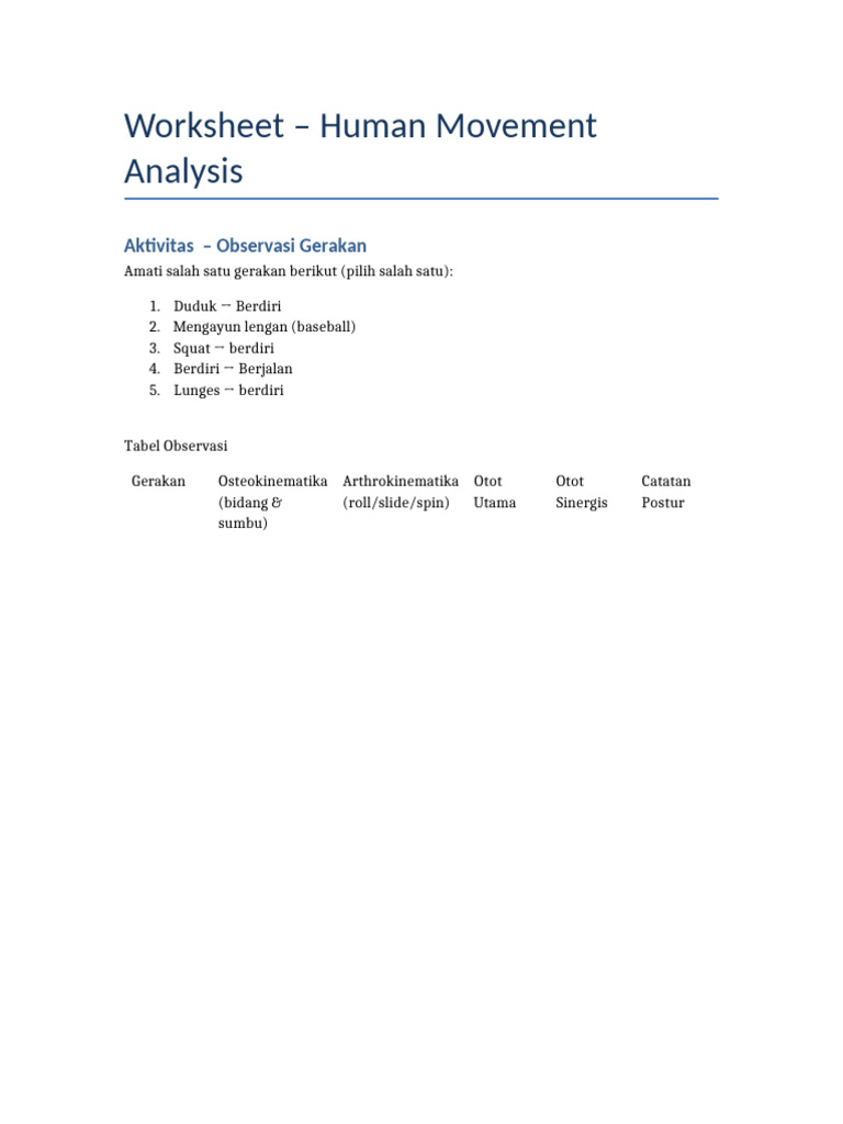 Worksheet Human Movement Analysis Agil | PDF