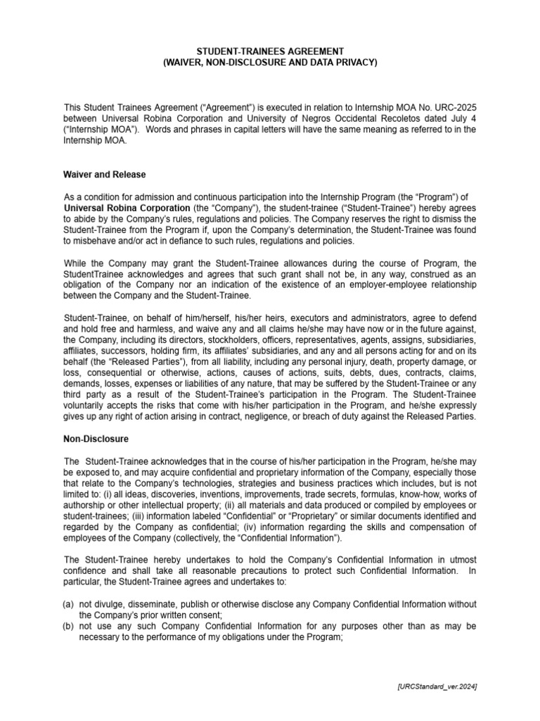 Internship Form Trainee Waiver Confidentiality and Data Privacy ...