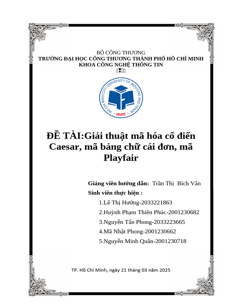 14DHTH15 - Nhóm 09 - Giải thuật mã hóa cổ điển CAESAR, mã bảng chữ cái đơn, mã playfair | PDF