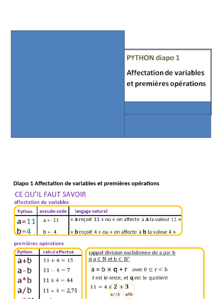 Python Diapo 1 Affectation de Variables Et Premieres Operations | PDF