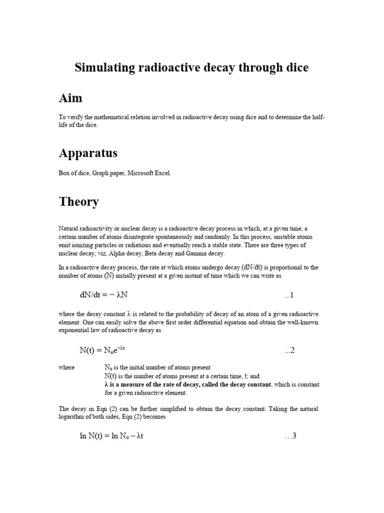 Expt 1 - Simulating Radioactive Decay Through Dice | PDF | Radioactive Decay | Atoms