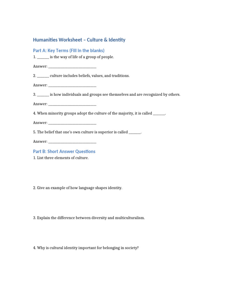 Culture and Identity Worksheet | PDF