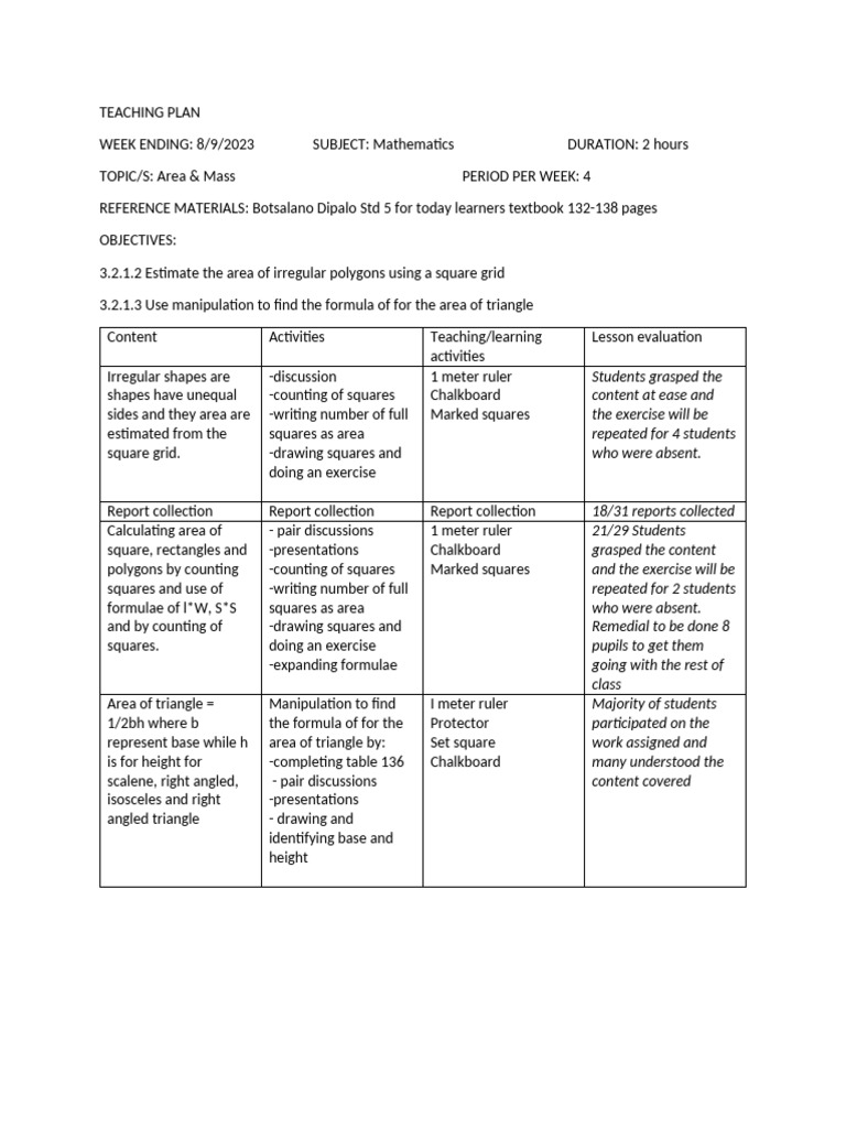 Weekly Mathematics & RME Teaching Plan | PDF | Area | Verb