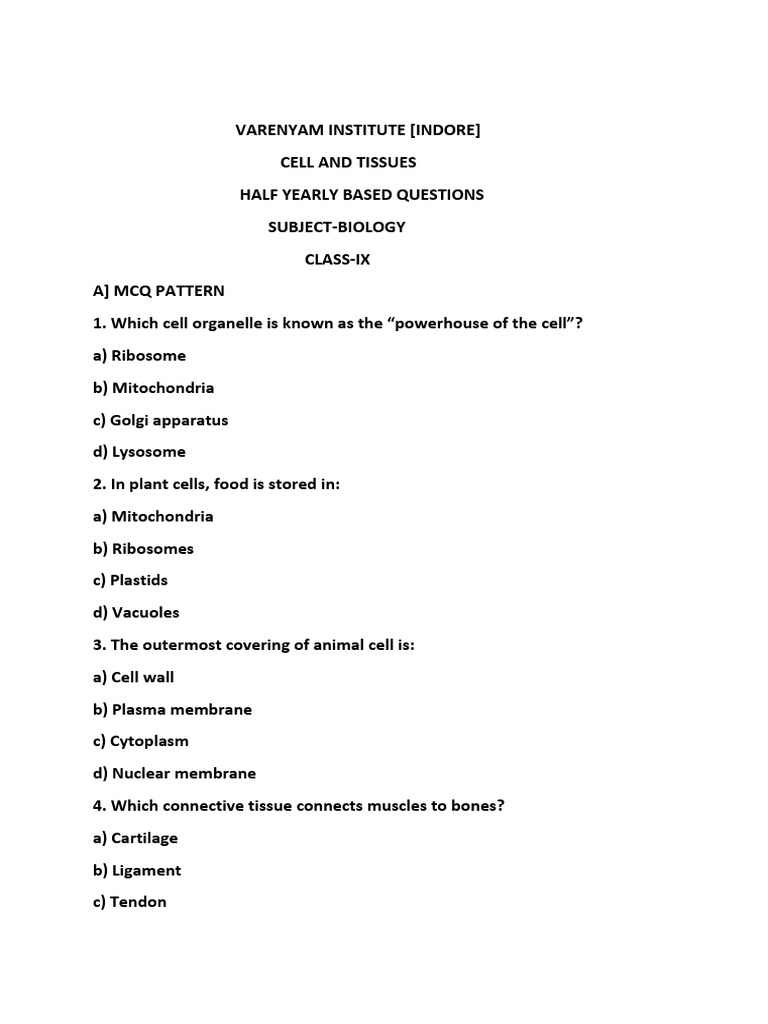 Class IX Biology Cell & Tissue Questions | PDF | Tissue (Biology ...