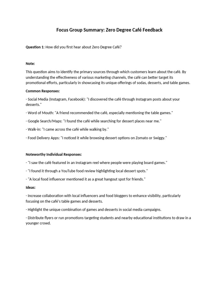 Focus Group Summary | PDF | Coffeehouse | Menu