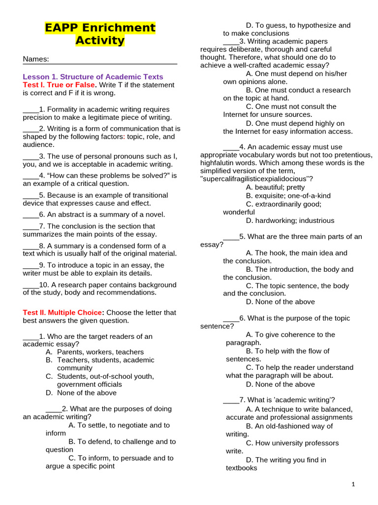 EAPP Enrichment Activity L1-3 | PDF | Essays | Reading Comprehension
