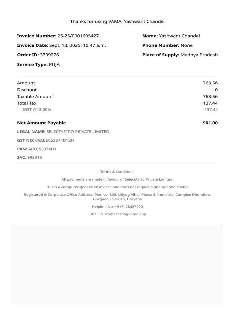 VAMA Puja 1605427 Invoice | PDF