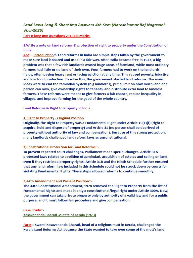 Land Laws-Long & Short Imp Ans 4th Sem (Nareshkumar Raj Nagasani-Vbcl ...