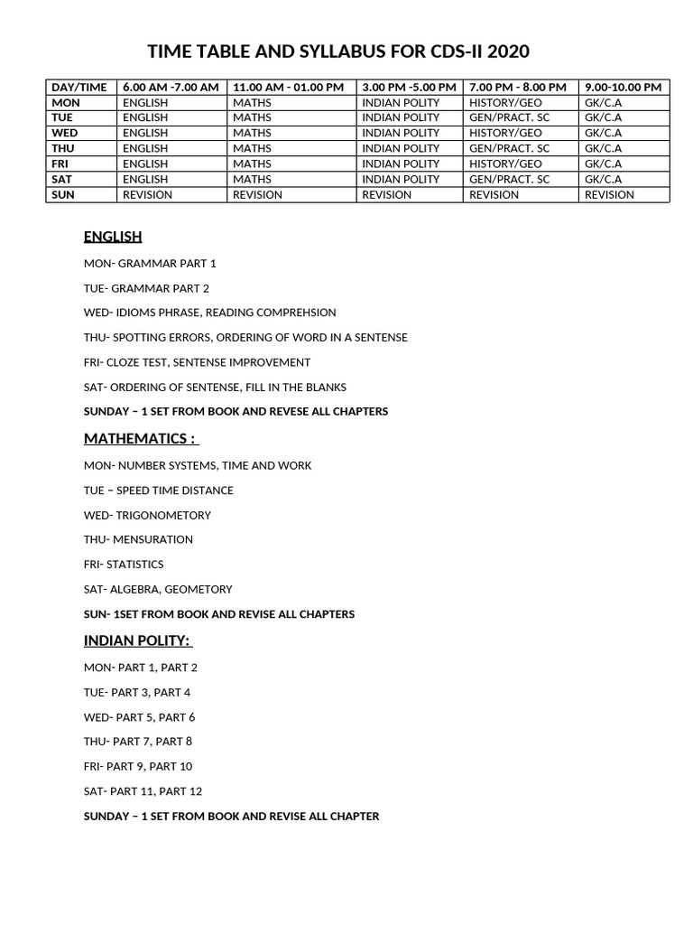 CDS-II 2020 Timetable & Syllabus | PDF