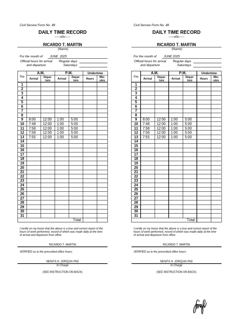Civil Service Form No. 48 DTR Template | PDF | Theory Of Computation