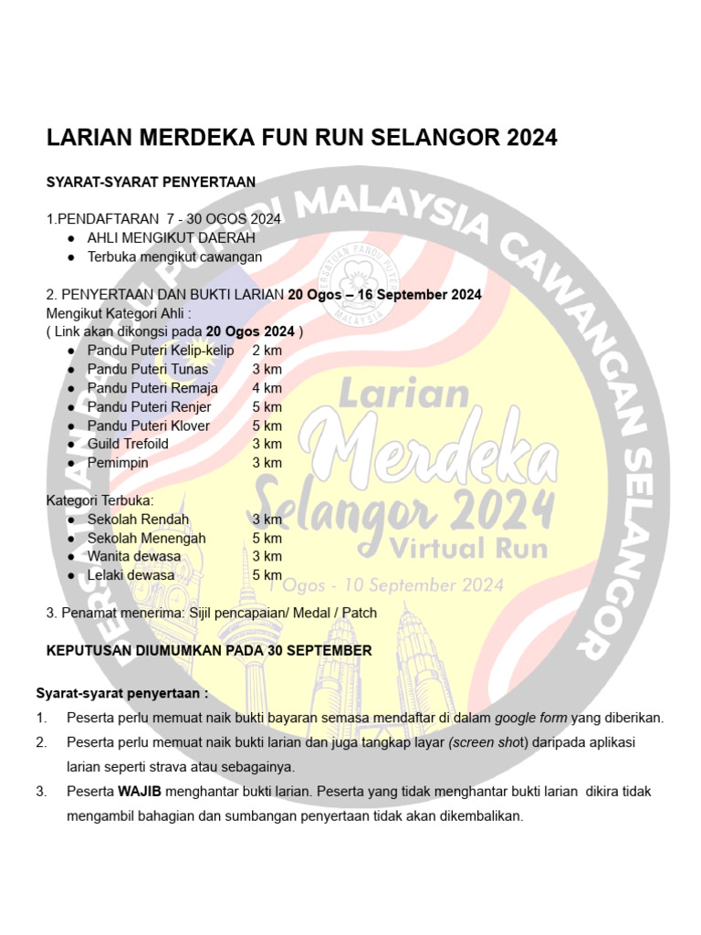 Larian Merdeka Fun Run Selangor 2024: Syarat-Syarat Penyertaan | PDF