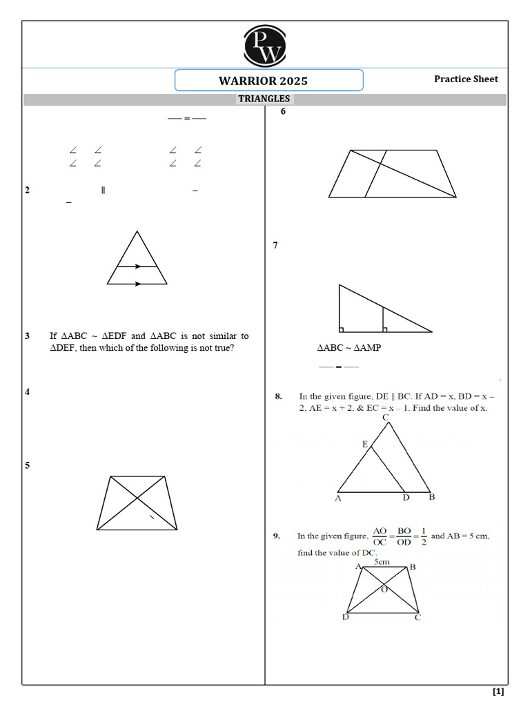 Triangles - Practice Sheet - Warrior 2025 | PDF | Elementary Geometry | Euclidean Geometry