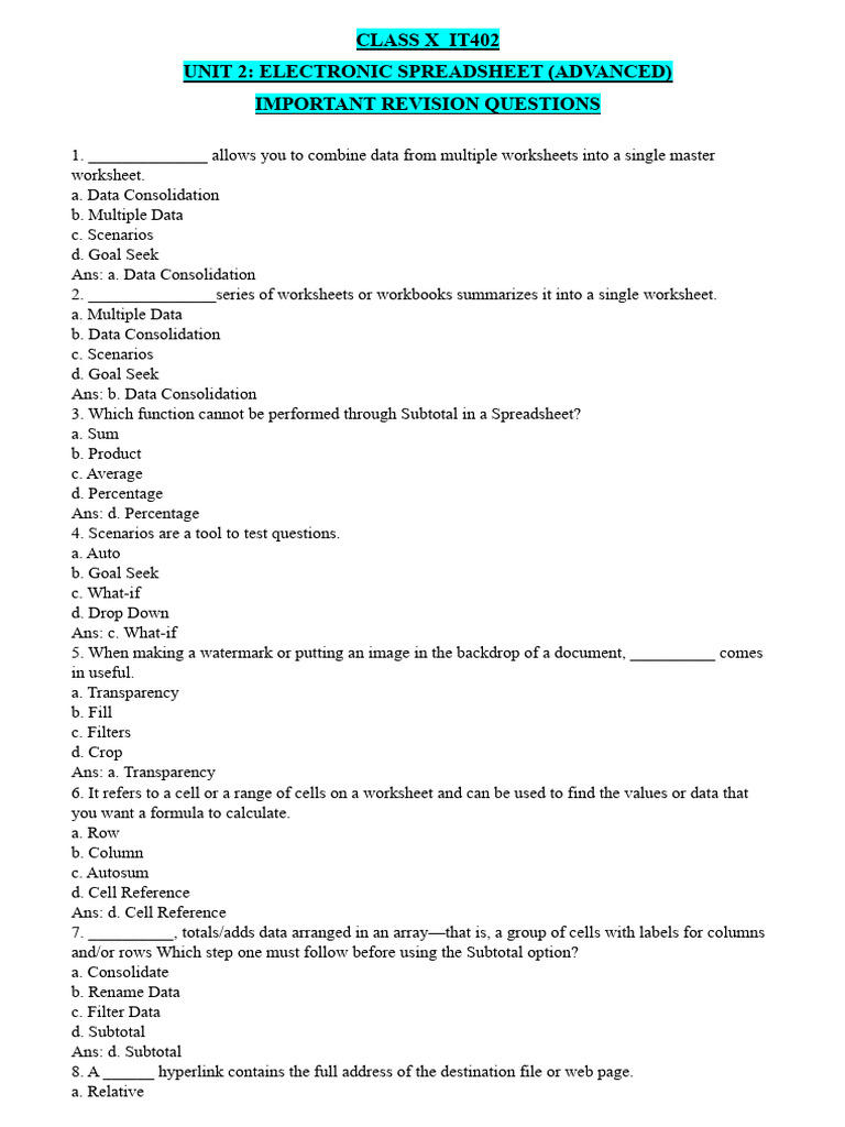 Spreadsheet (Advanced) - Important Mcq-S and Impo Q-A Bank - Class 10 | PDF | Spreadsheet ...