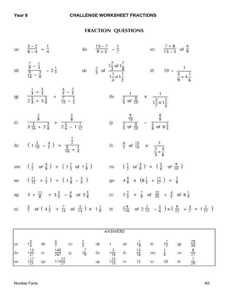 Year 8 Fraction Challenge Worksheet | PDF