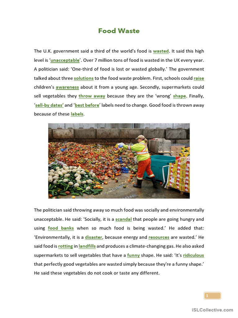 FOOD WASTE - Reading Comprehension With Pictures | PDF | Waste | Foods