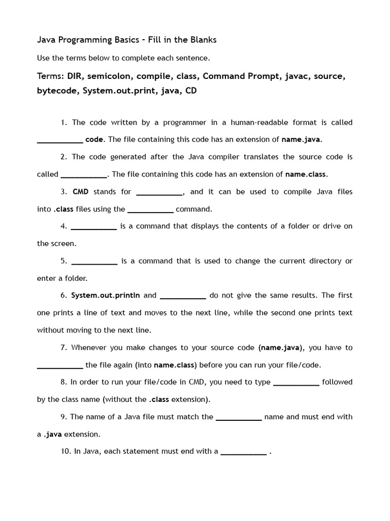 Fill in The Gaps JAVA Worksheet | PDF