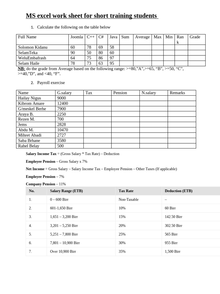 Excel Practice Sheet for Students | PDF