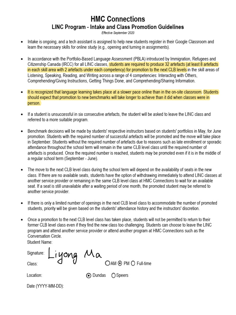 HMC Connections: LINC Program - Intake and Class Promotion Guidelines ...