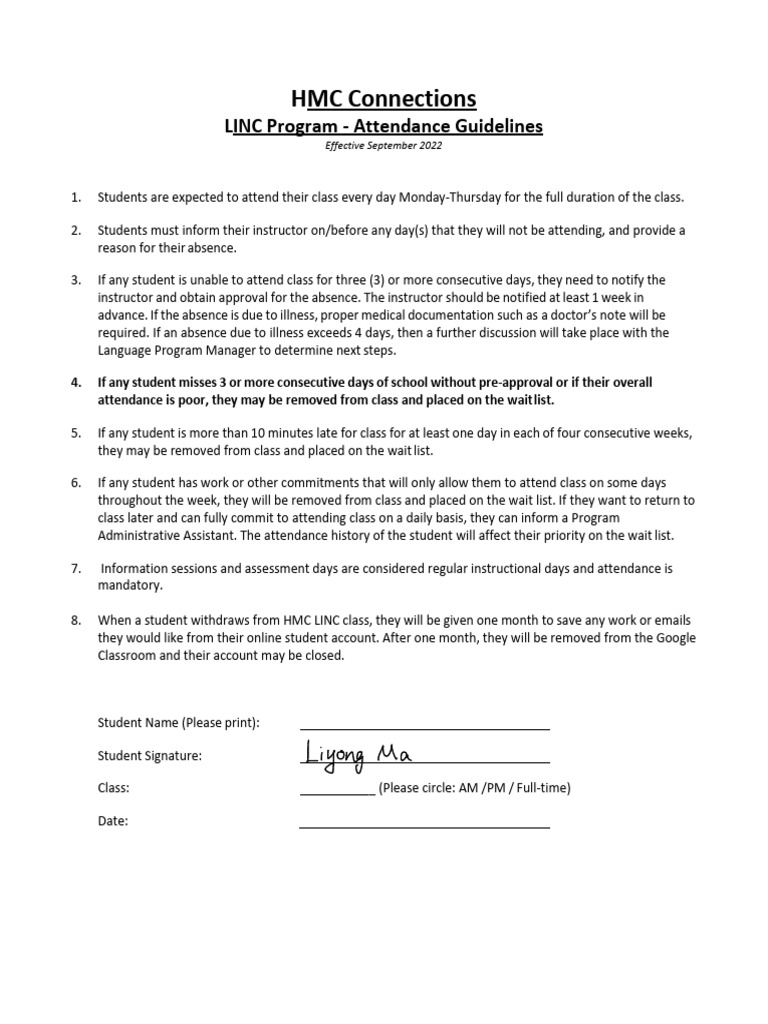 H MC Connections: L INC Program - Attendance Guidelines | PDF
