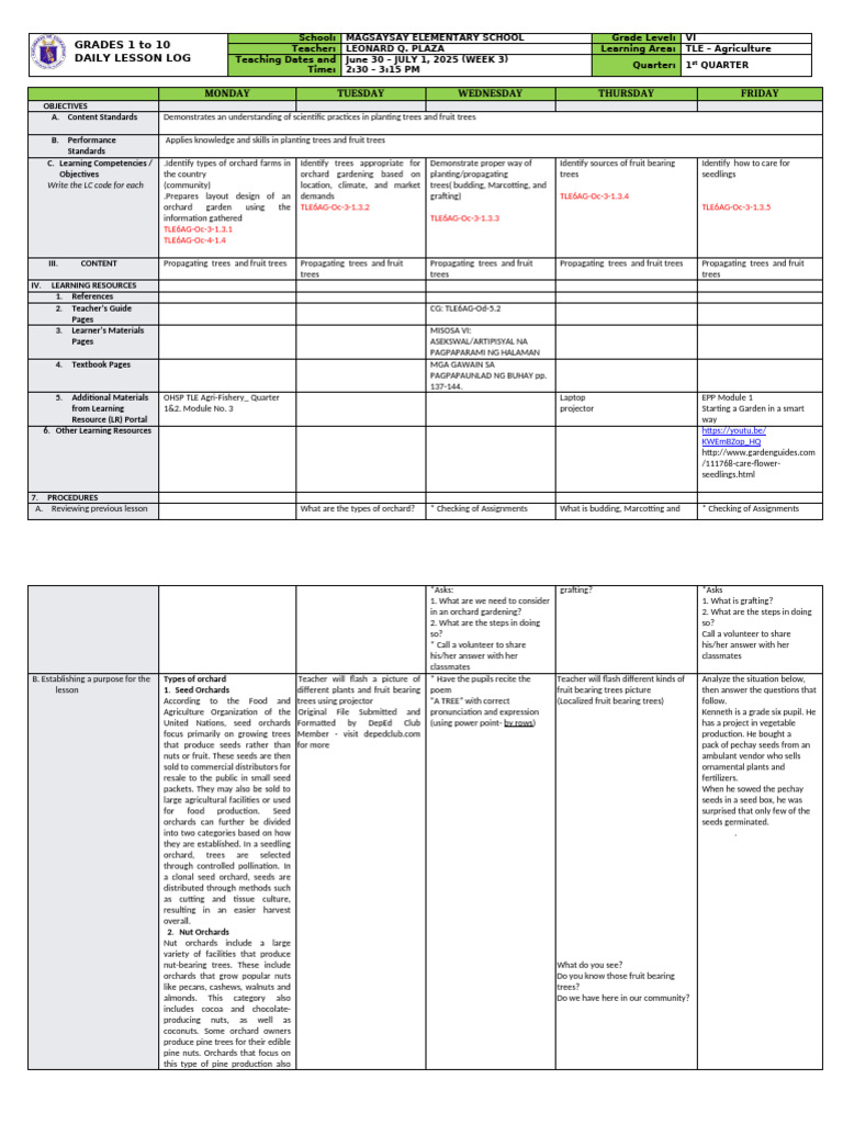 DLL - Tle Agri 6 - Q1 - W3 S.Y 2025-2026 | PDF | Trees | Grafting