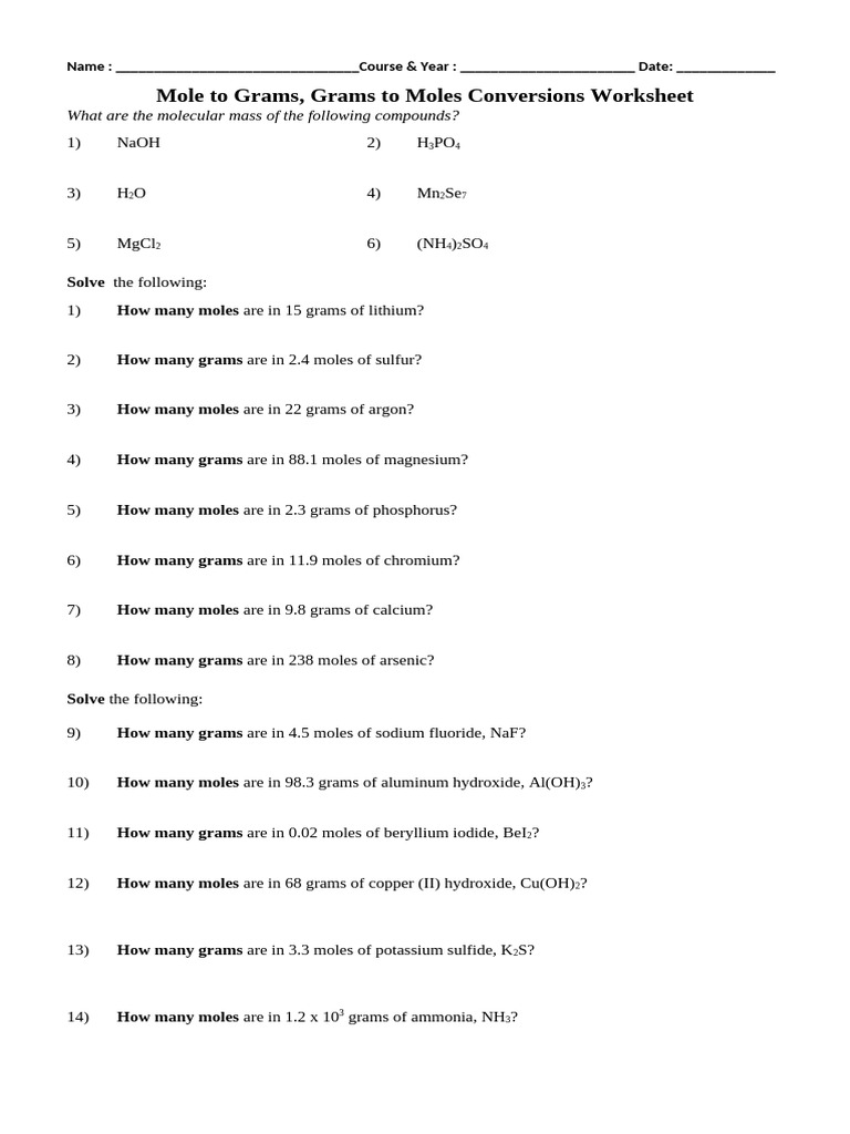 Mole-Gram Conversion Worksheet | PDF