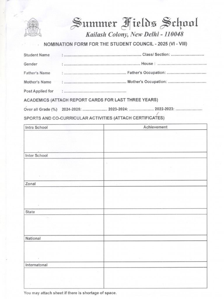 Nomination Form For The Student Council 2025 | PDF
