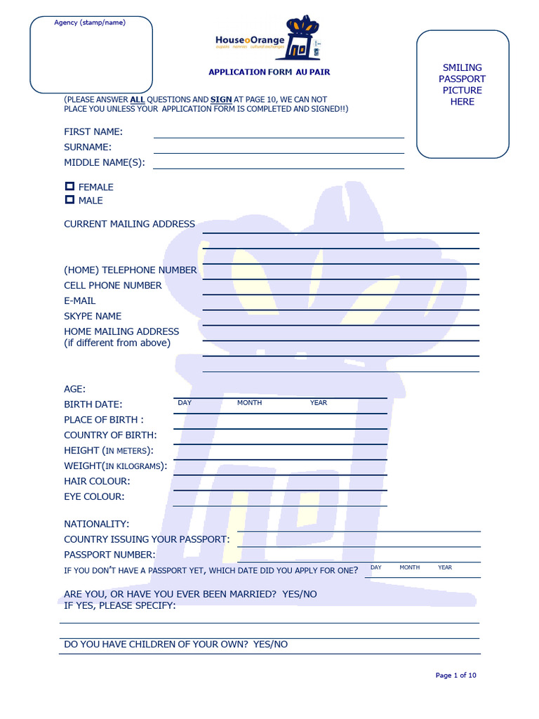Au Pair Application Form | PDF | Child Care