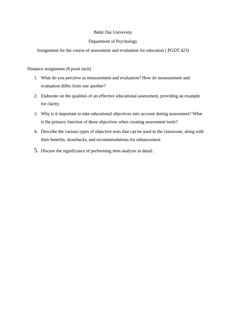 PGDT 423 Assessment and Evaluation For Education Distance Assignment | PDF