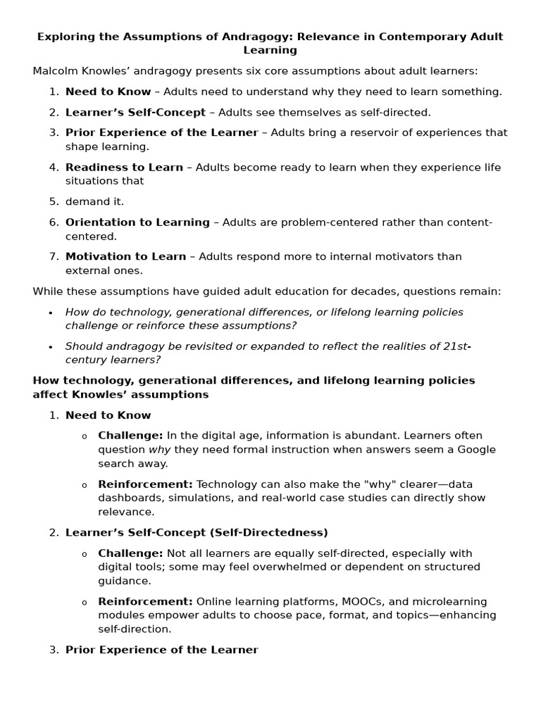 Malcolm Knowles' Andragogy | PDF | Learning | Motivation