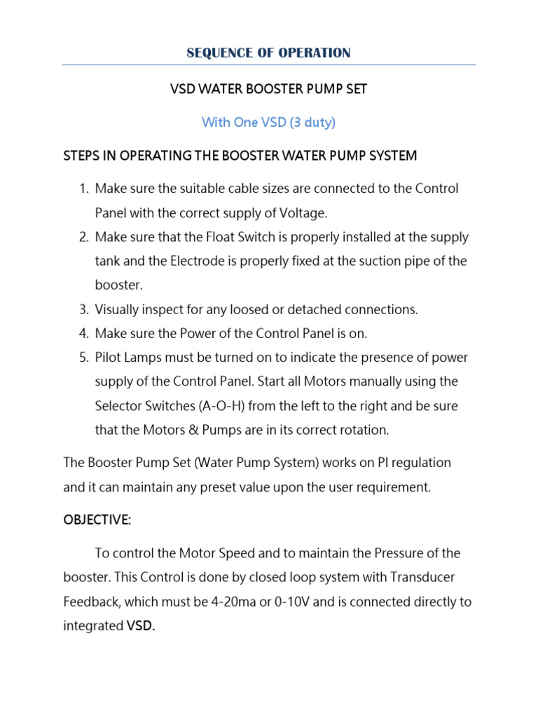 VSD Water Booster Pump Operation Guide | PDF | Pump | Feedback