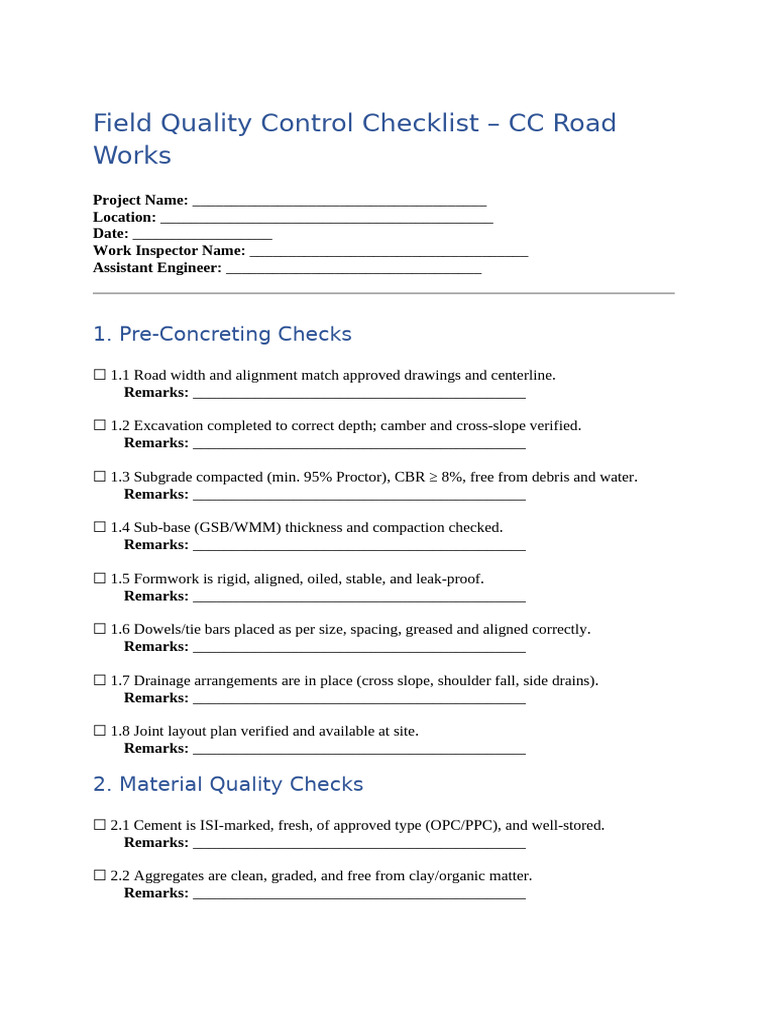 CC Road Works Quality Control Checklist | PDF | Building Materials ...