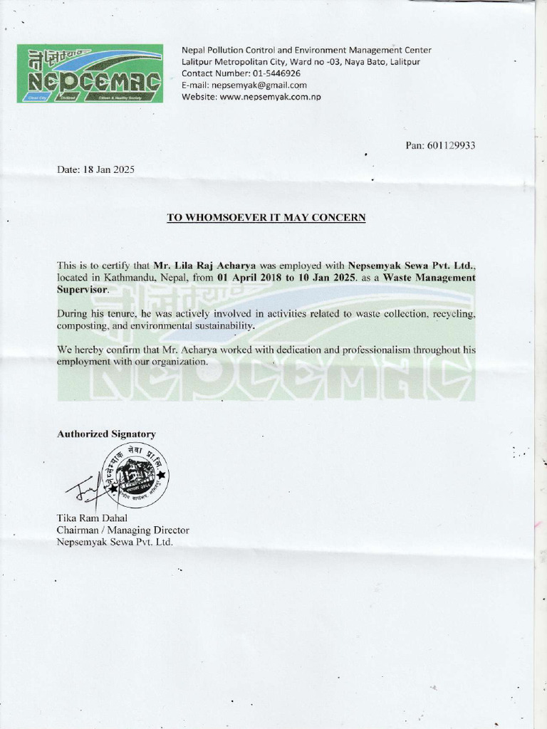 Lila Raj Acharya Experience Letter - Compressed | PDF