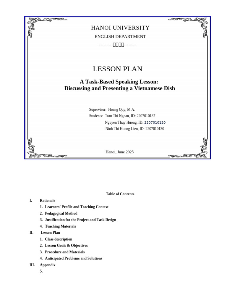 Task-Based Speaking Lesson Plan: Vietnamese Dish | PDF | Learning ...