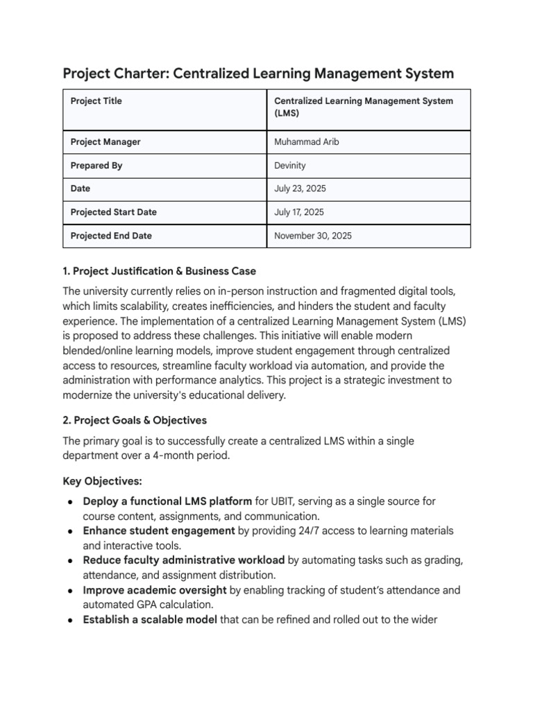 Project Charter - Centralized Learning Management System | PDF ...